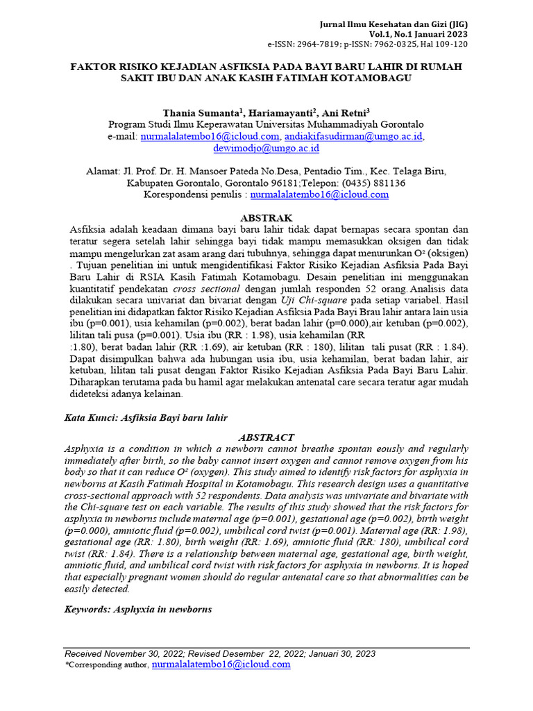 109-120 Faktor Risiko Kejadian Asfiksia Pada Bayi Baru Lahir Di Rumah Sakit Ibu Dan Anak Kasih ...