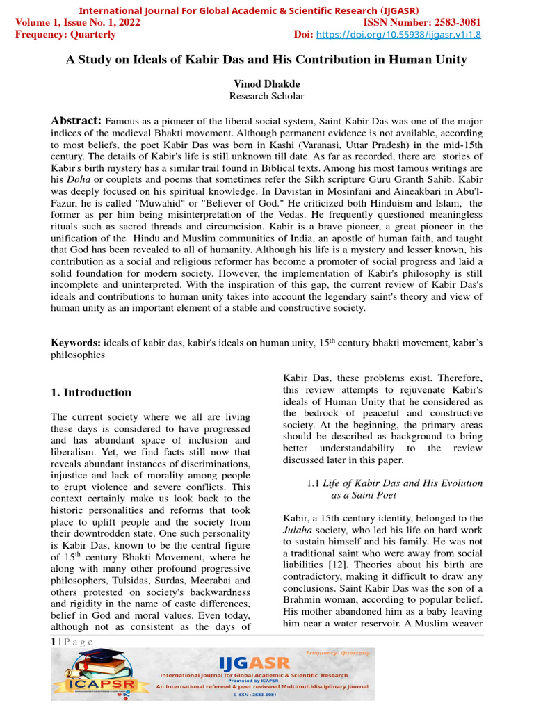 A Study On Ideals of Kabir Das and His Contributio | PDF | Bhakti ...