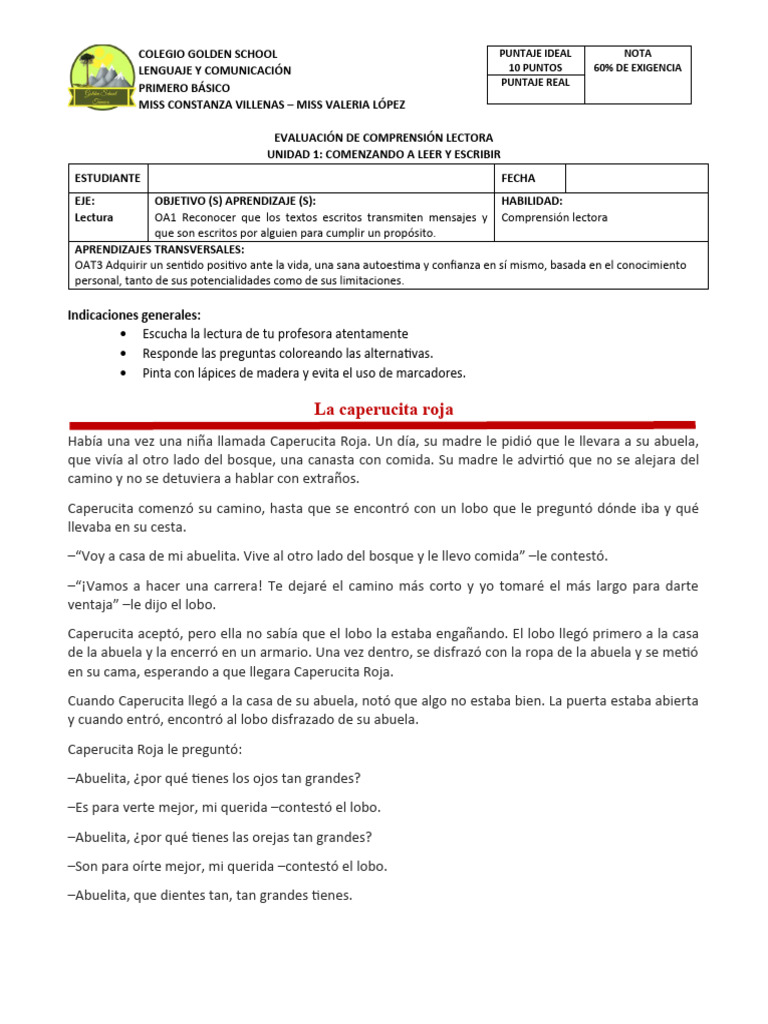 Lectura Comprensiva 2 | PDF | Caperucita Roja | Comprensión lectora
