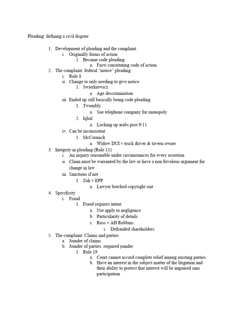 Outline Civ Pro | PDF | Discovery (Law) | Standard Of Review