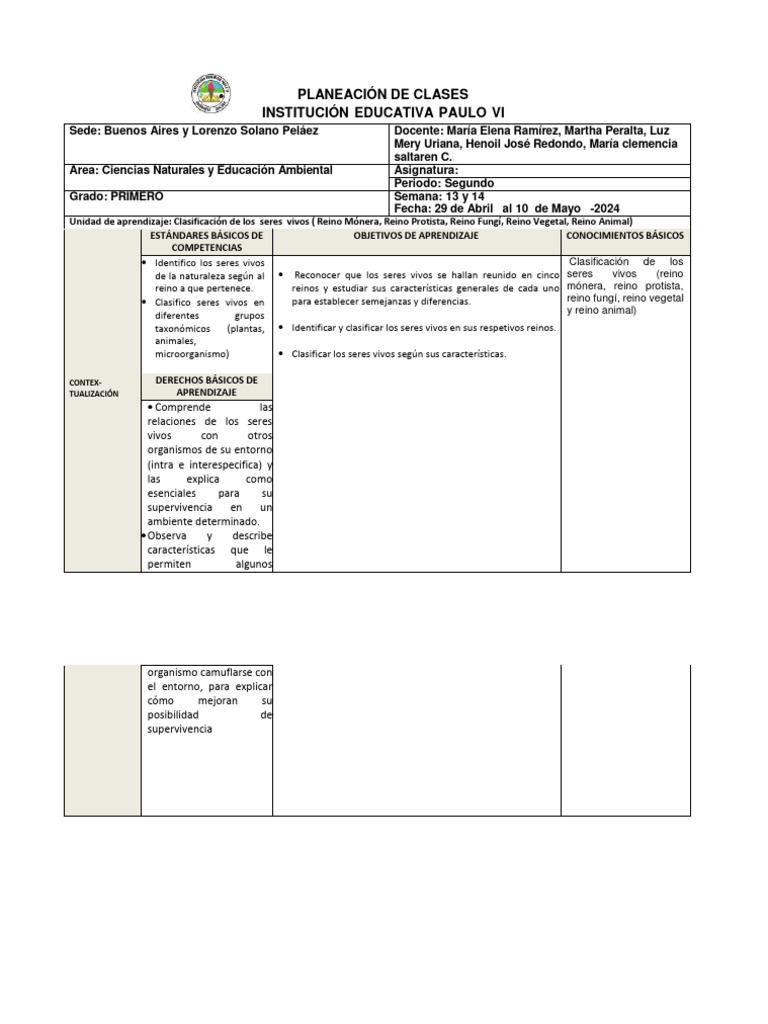 Planeador de Clases de Naturales Segundo Periodo Grado Primero 2024 ...
