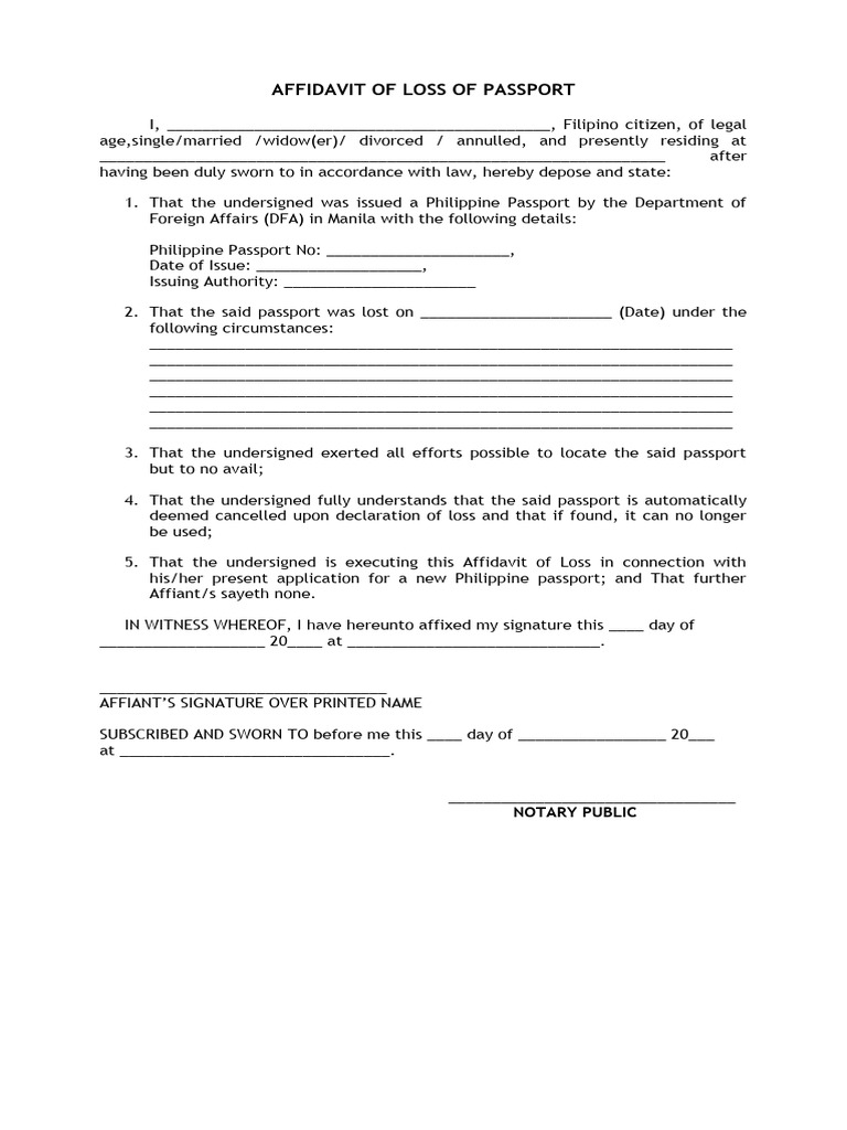 Affidavit of Loss of Passport | PDF | Affidavit | Government And Personhood
