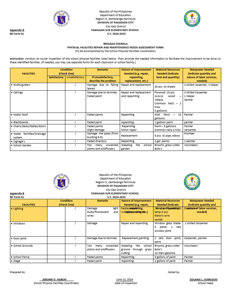 Pre-Implementation BE Form 01 Physical Facilities Repair and Maintenance Needs Assessment Form ...