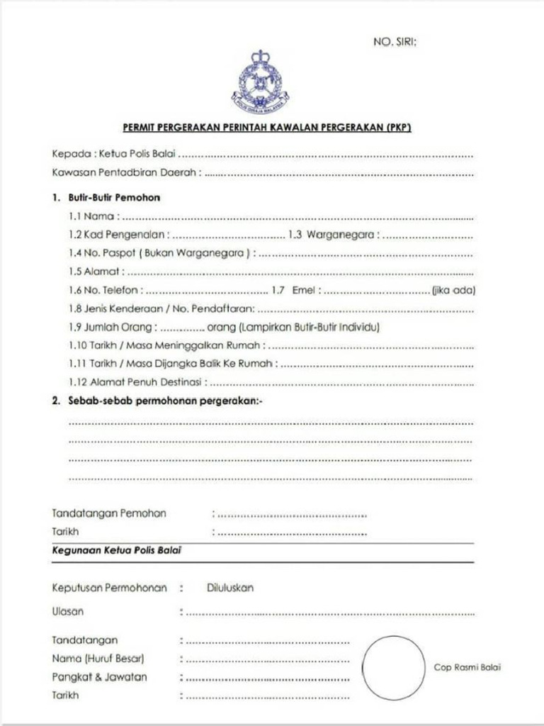 Borang Permit Pergerakan Perintah Kawalan Pergerakan (PKP) | PDF