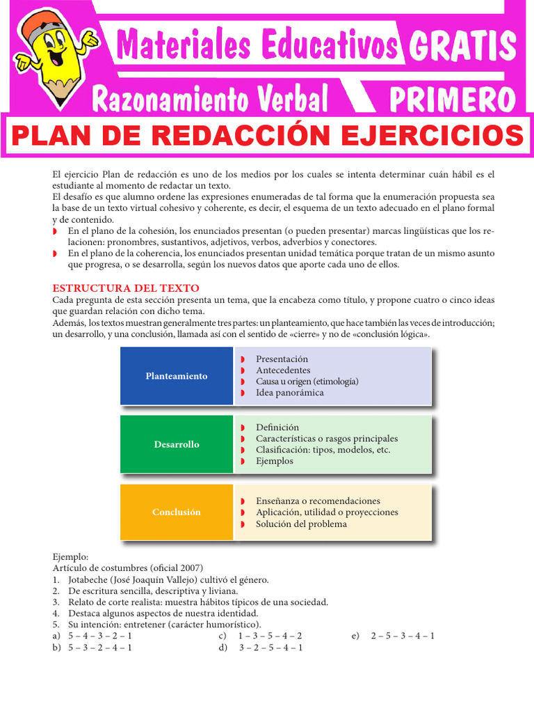 Plan de Redacción Ejercicios para Primer Grado de Secundaria | PDF | Bronce | Programa de ...
