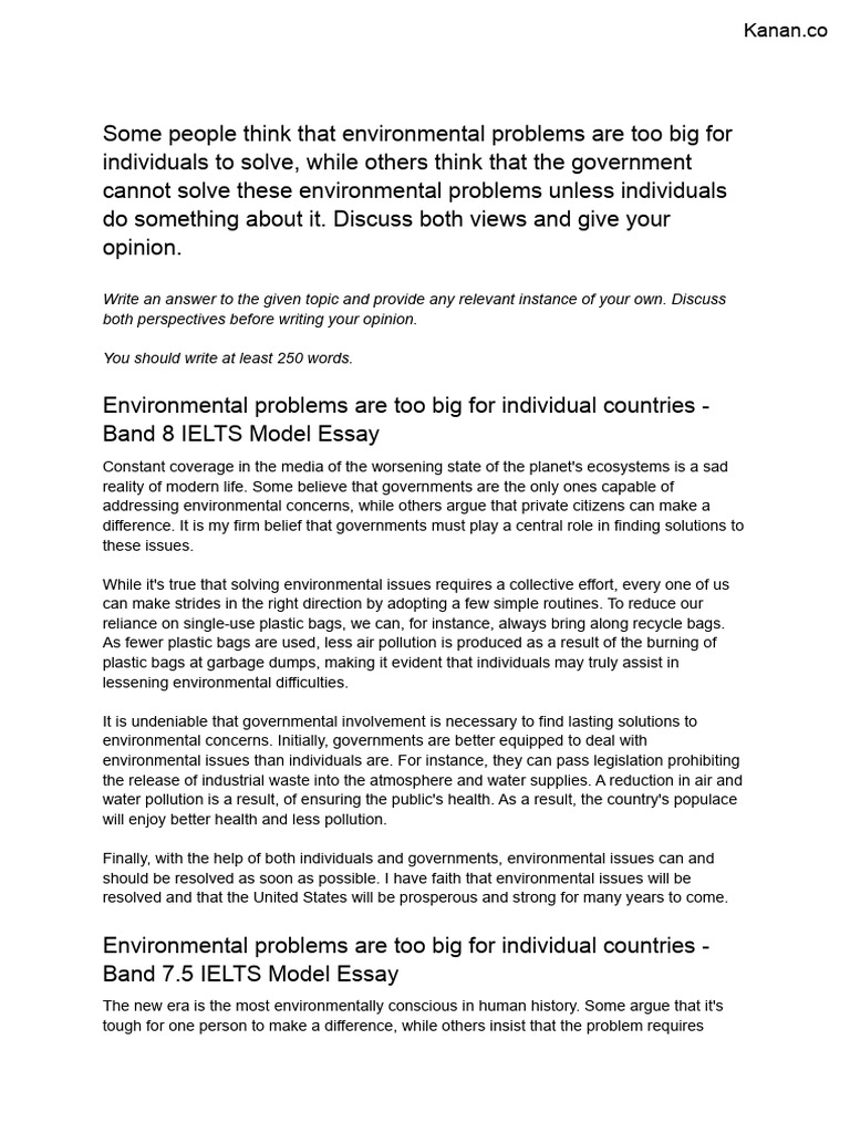 Band 8 IELTS Model Essay Environmental Problem | PDF | Pollution | Environmentalism