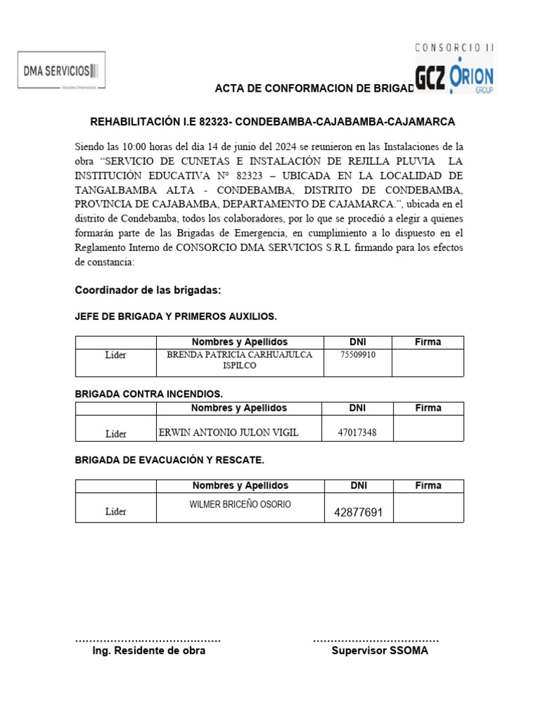 Acta de Conformacion de Brigadas | PDF | Primeros auxilios
