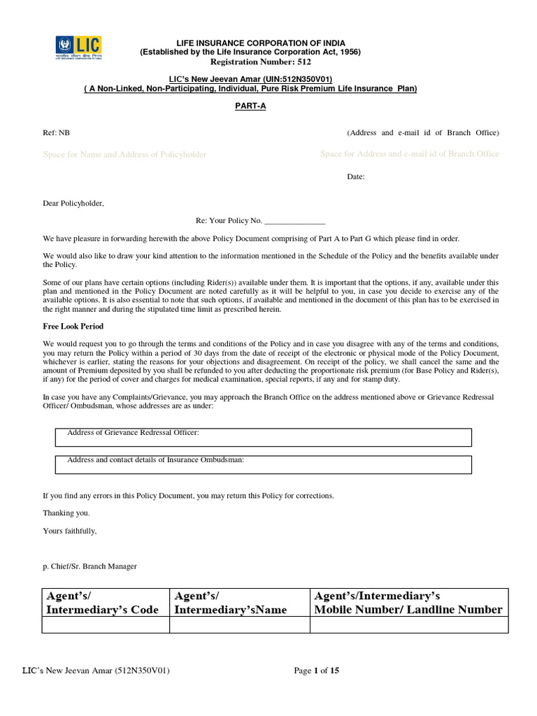LIC New Jeevan Amar Policy Document | PDF | Insurance | Life Insurance