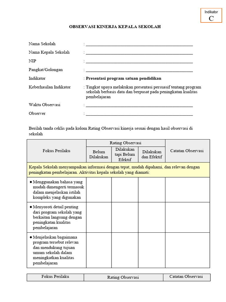 C-Lembar Observasi Kinerja KS Oleh Tim Kinerja (Penyampaian Program SP ...