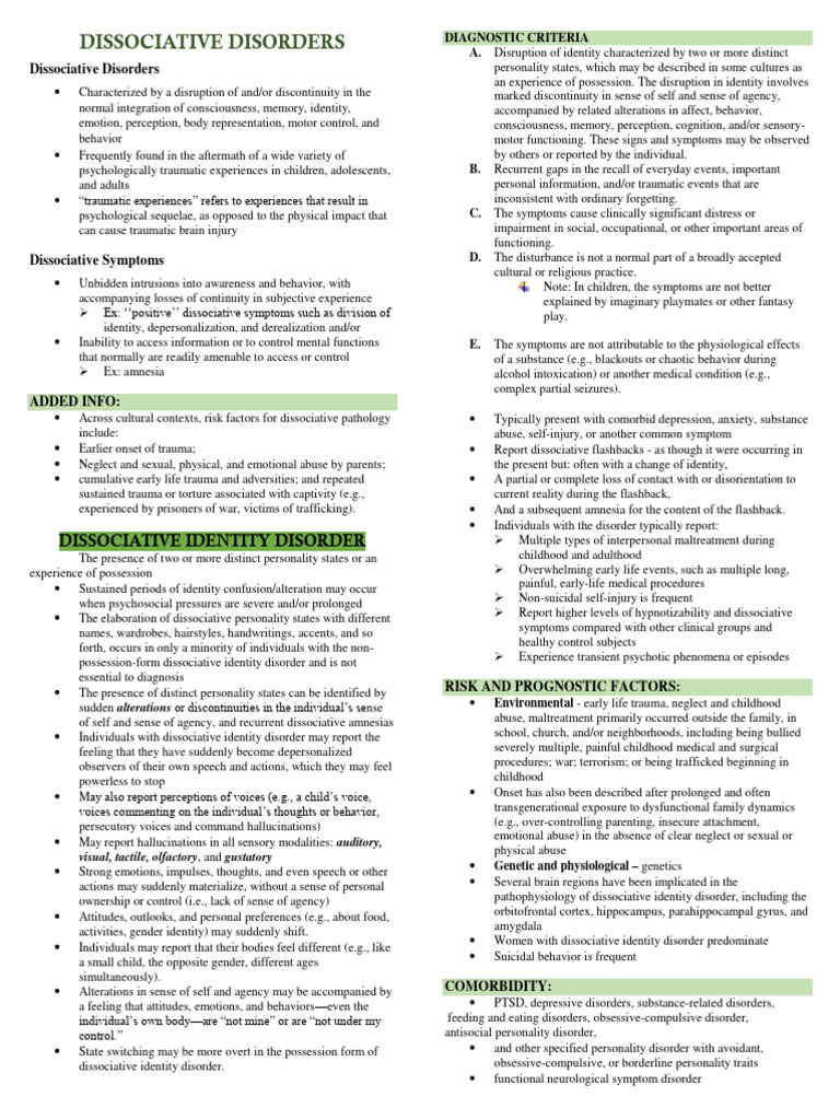Dissociative Disorders REVIEWER | PDF | Dissociation (Psychology ...
