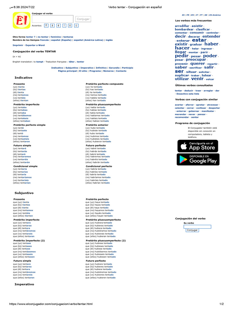 Conjugación del verbo "tentar" | PDF | Conjugación gramatical | Verbo