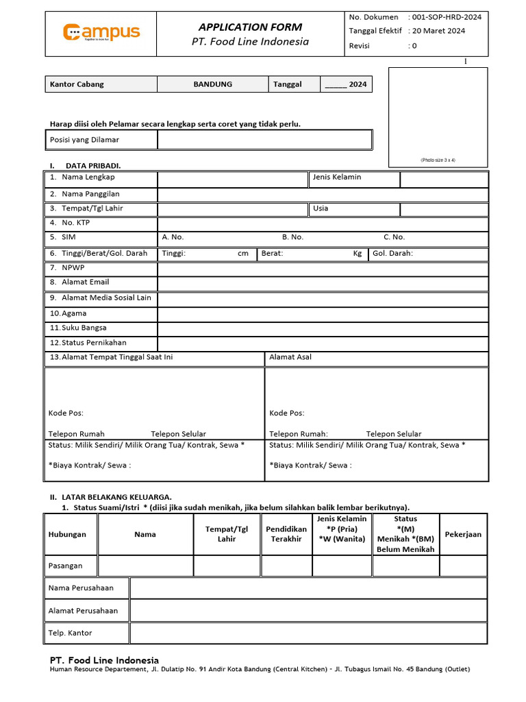 001-SOP-HRD-2024 Application Form - PT. Food Line Indonesia | PDF