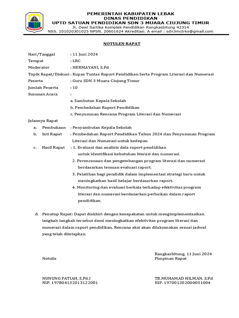 Notulen - Rapat - Sekolah - Kegiatan Literasi Dan Numerasi | PDF