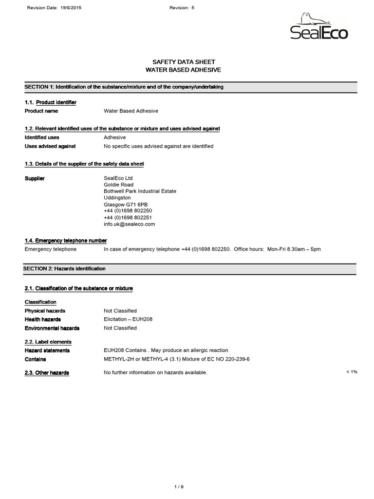 Sds Water Based Adhesive | PDF | Workplace | Working Conditions