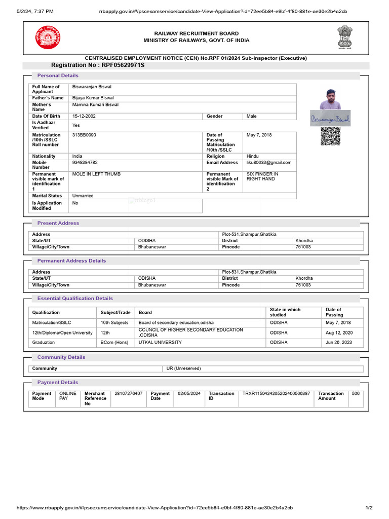 Rrbapply - Gov.in # Pscexamservice Candidate View Application Id ...