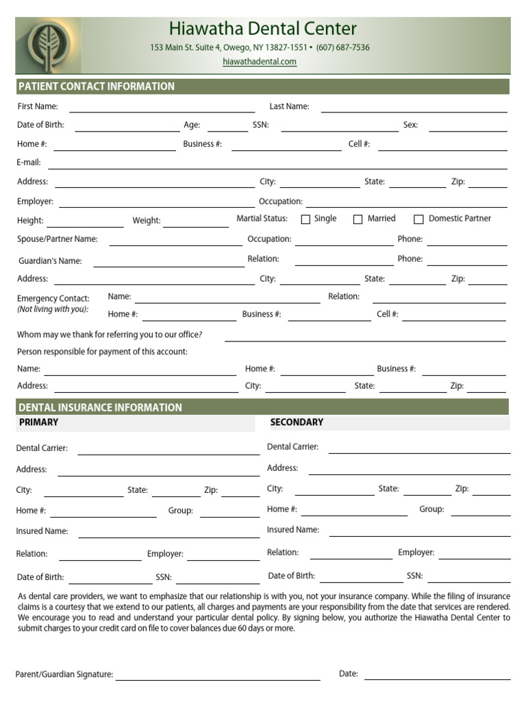 Hiawatha Dental Center New Patient Form | PDF | Health Informatics ...