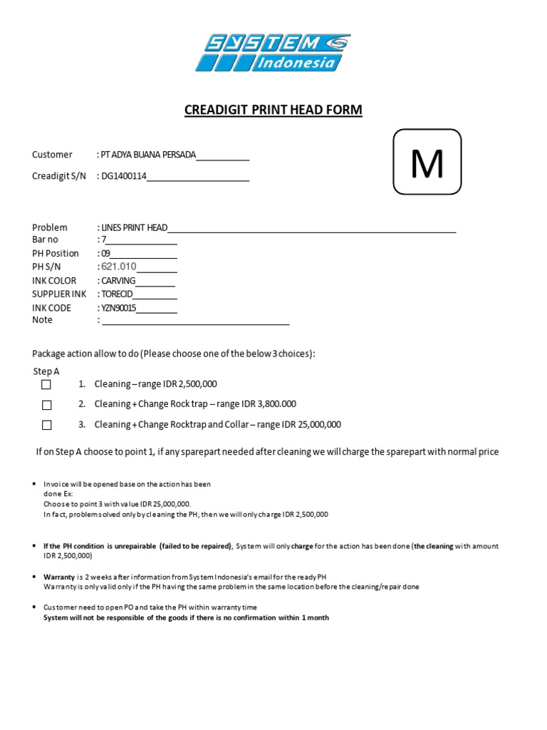 Cleaning Print Head Form M | PDF | Business | Finance & Money Management