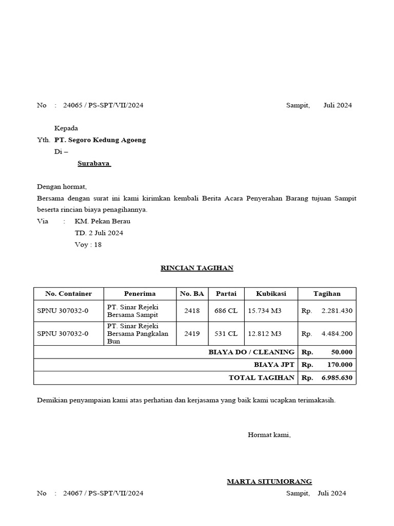 Surat Rincian Tagihan Marta Situmorang | PDF