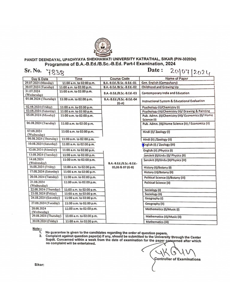 Pdsu BSC Bed Exam Time Table | PDF