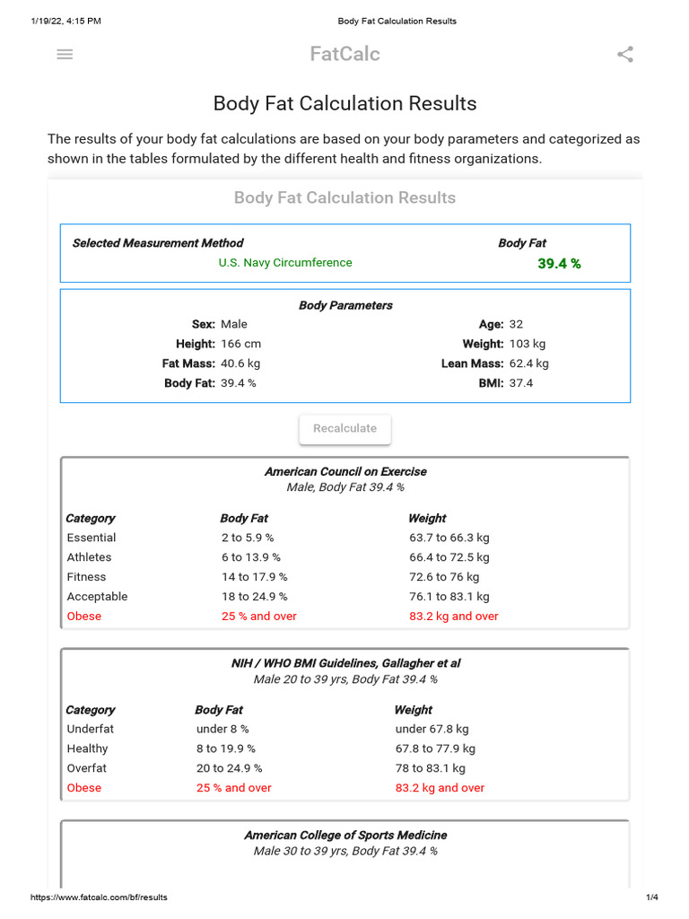 Body Fat Calculation Results | PDF | Obesity | Body Mass Index