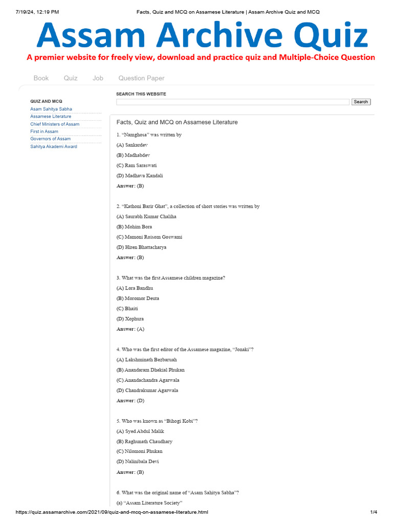 Assamese Literature Quiz and Answers | PDF | Indian Literature