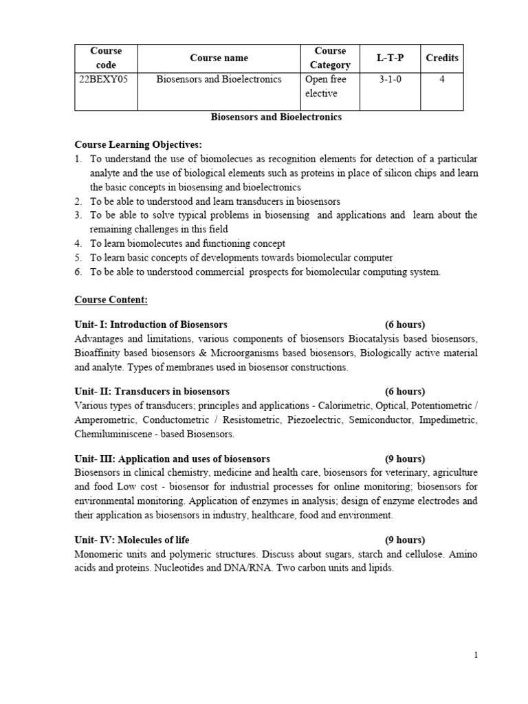 Syllabus of Biosensor and Bioelectronics | PDF | Biosensor | Biomolecules