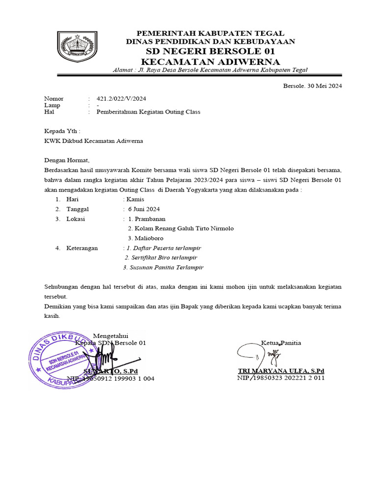 Pemberitahuan Kegiatan Outing Class | PDF