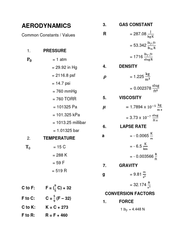 Aerodynamics Constants and Equations | PDF | Pressure | Gases