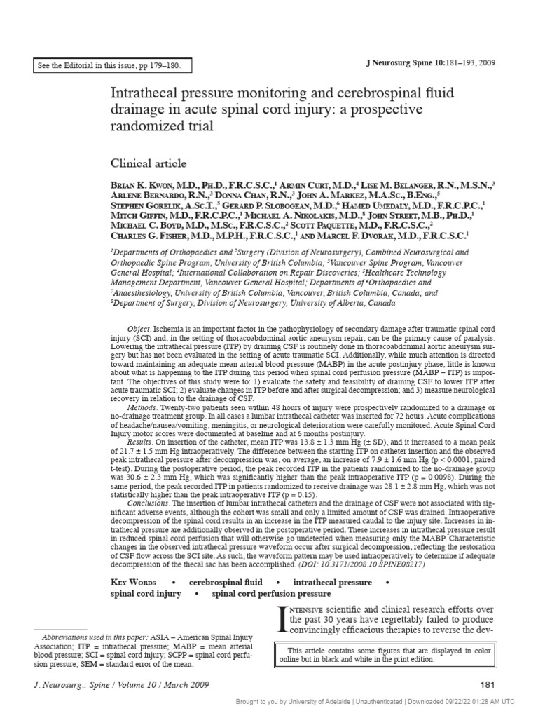 Intrathecal Pressure Monitoring and Cerebrospinal Fluid Drainage in ...