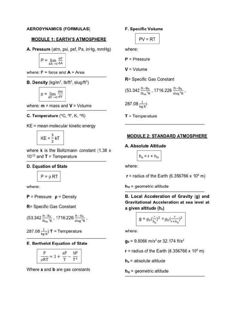 Aerodynamics (Formulas, Constants, Units) | PDF | Mechanical Engineering | Mechanics