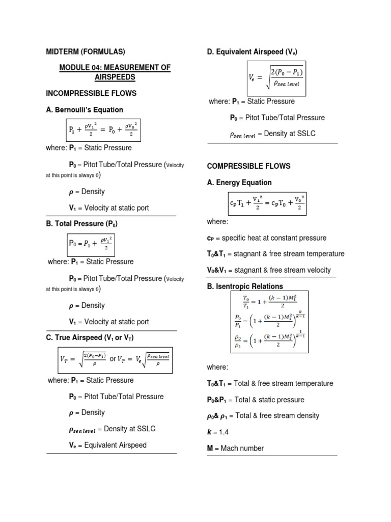 Aerodynamics (Midterm Formulas) | PDF | Reynolds Number | Drag (Physics)