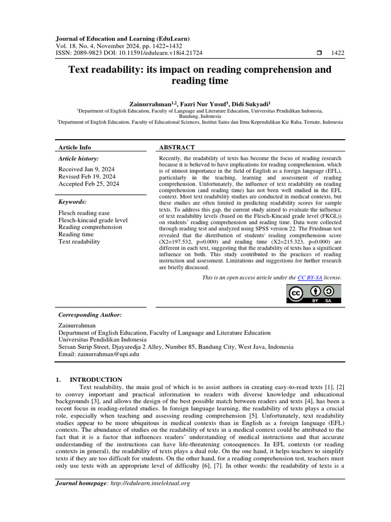 Text Readability: Its Impact On Reading Comprehension and Reading Time ...