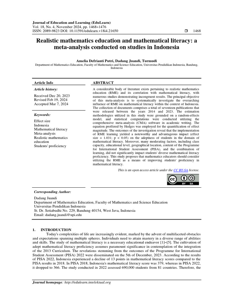 Realistic Mathematics Education and Mathematical Literacy: A Meta-Analysis Conducted On Studies ...