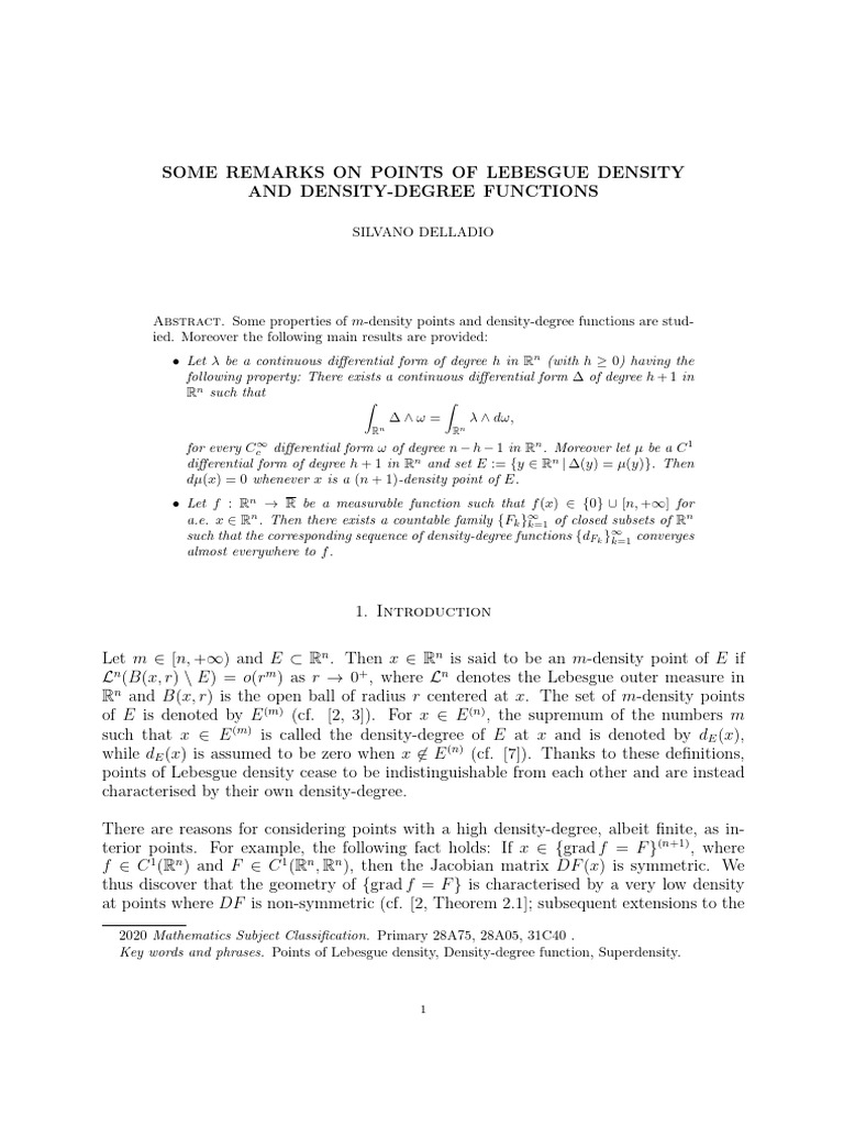 Some Remarks On Points of Lebesgue Density and Den | PDF | Theorem | Measure (Mathematics)