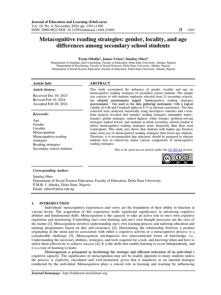 Metacognitive Reading Strategies in Students | PDF | Reading ...