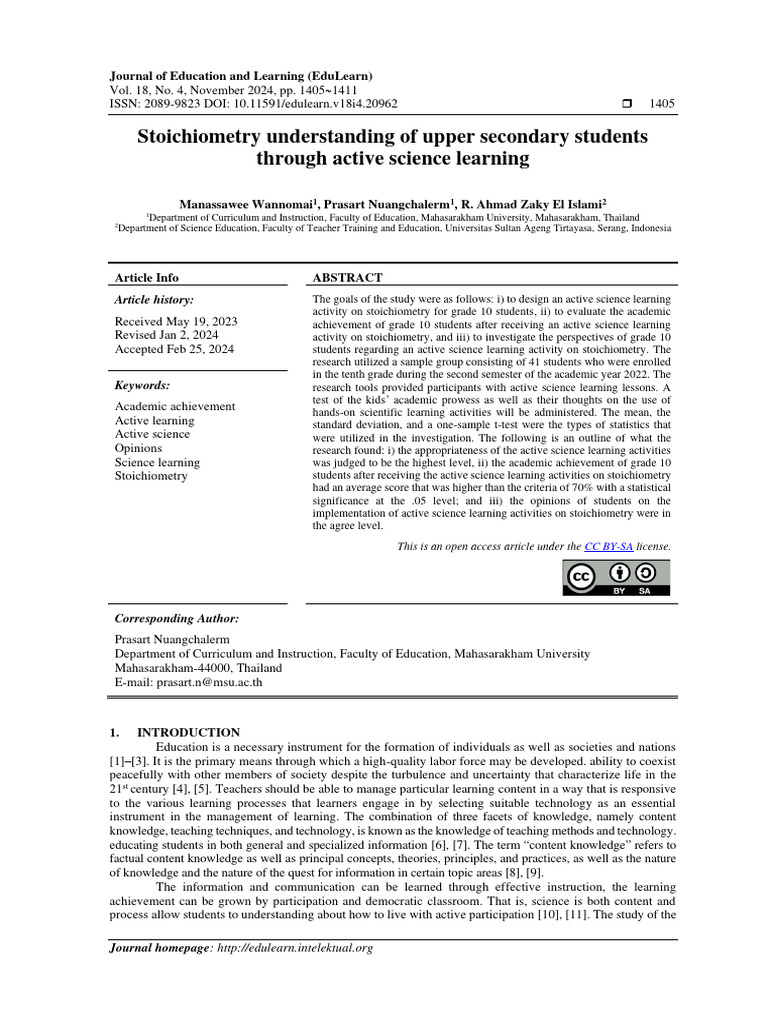 Stoichiometry Understanding of Upper Secondary Students Through Active ...