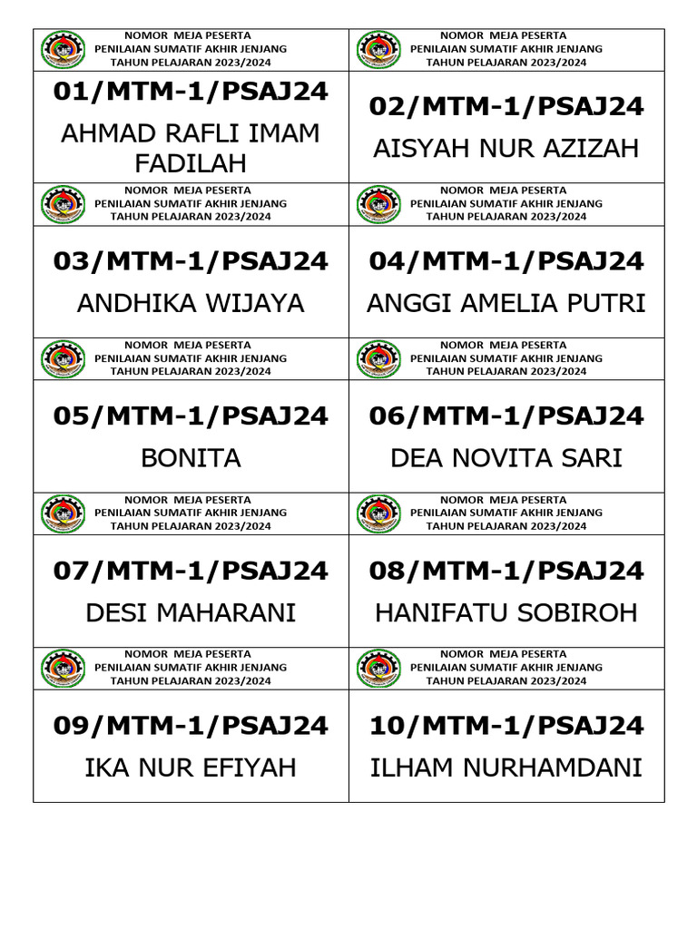 Nomor Meja Psaj 2024 | PDF