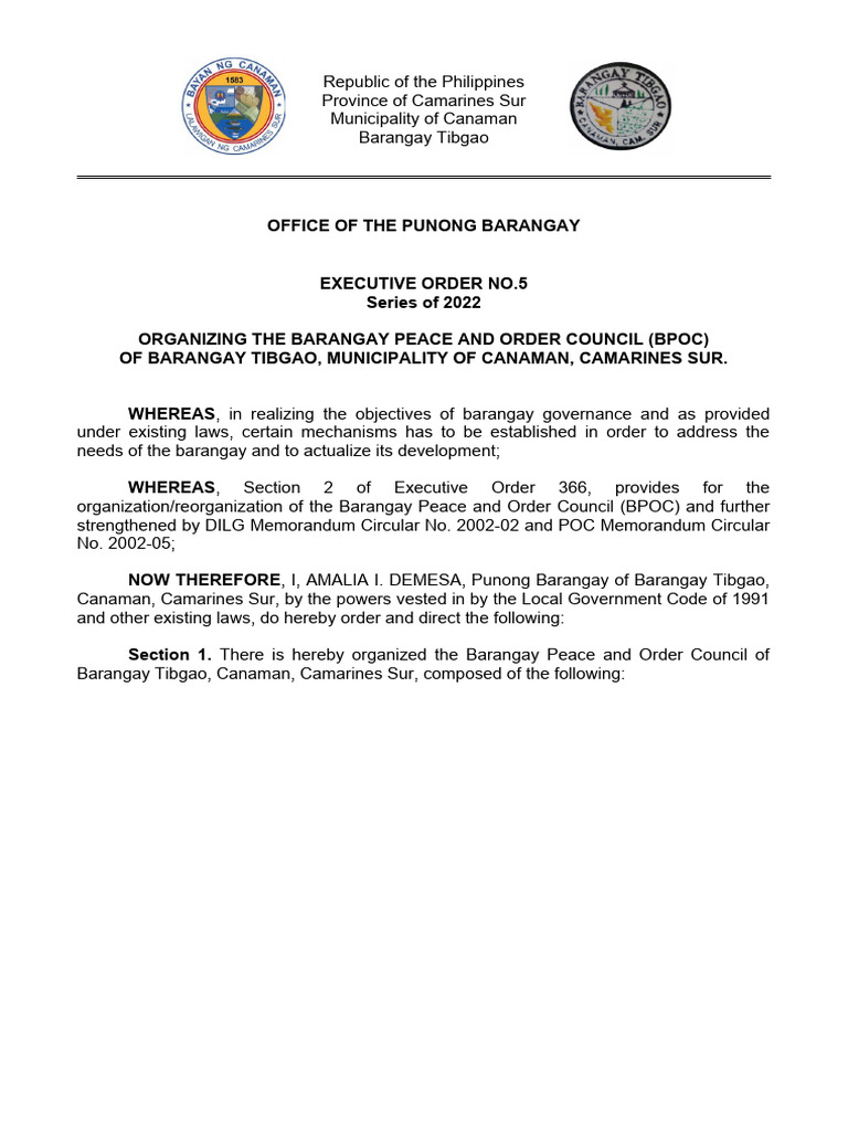 EO. 5 BPOC | Download Free PDF | Government | Governance