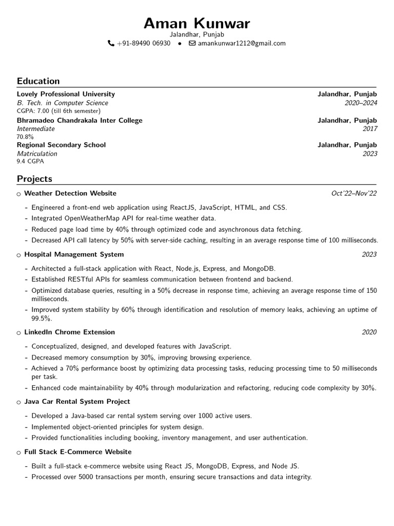 Modern Simple Ats Friendly Latex Cv 2 Pdf Java Script Computer Engineering 