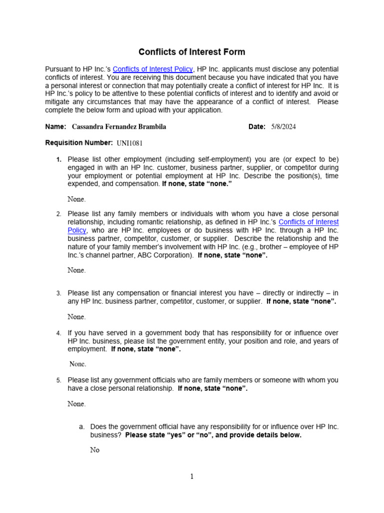 Conflicts of Interest Form | PDF | Bribery | Conflict Of Interest