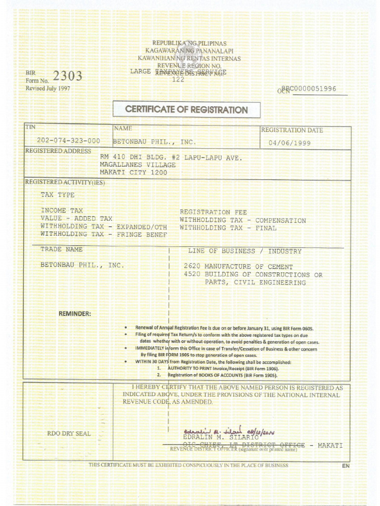 Betombau BIR Form 2303 | PDF