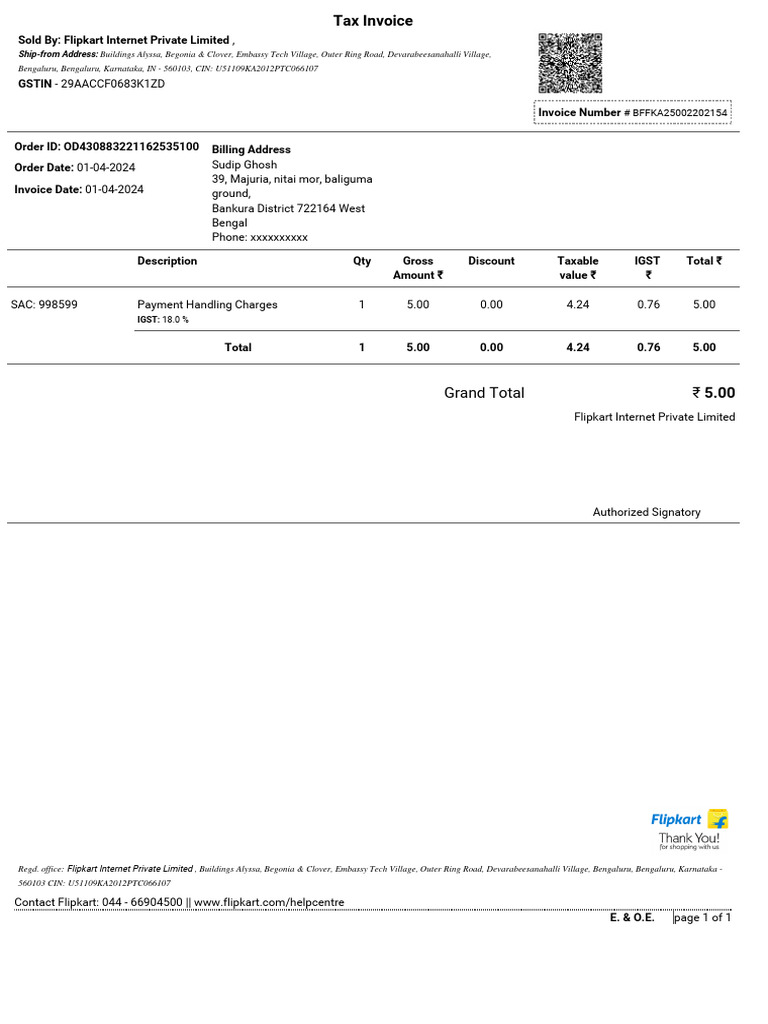 Flipkart Invoice for Sudip Ghosh | PDF | Payments | Taxes