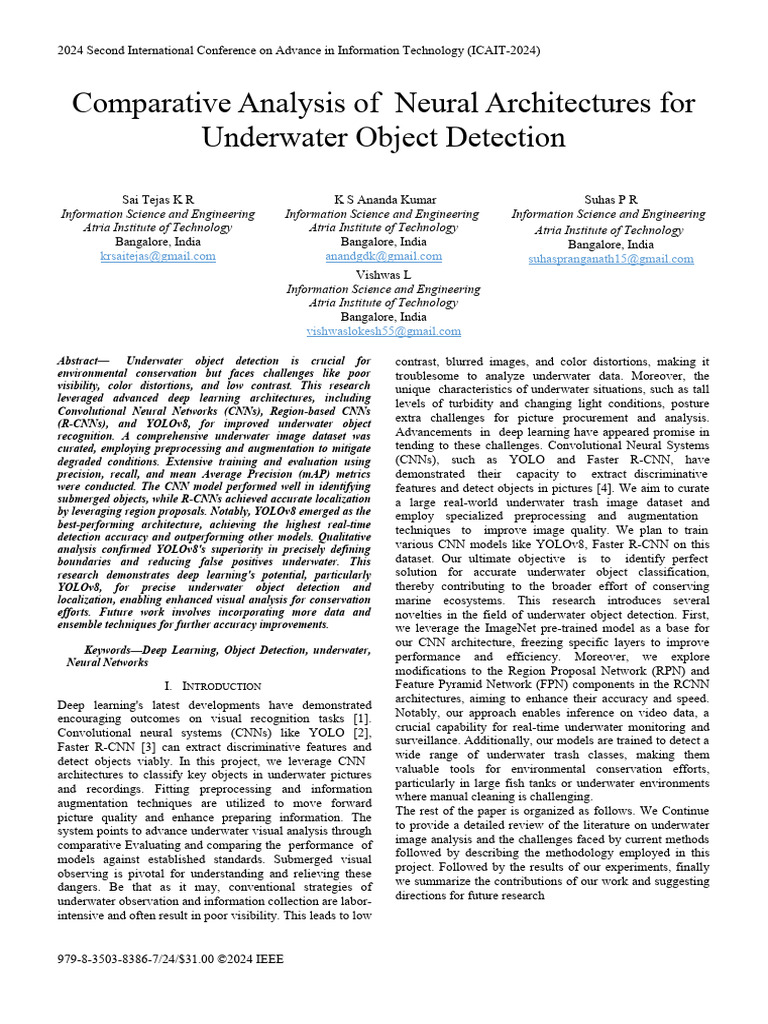 Comparative Analysis of Neural Architectures For Underwater Object Detection | PDF | Deep ...