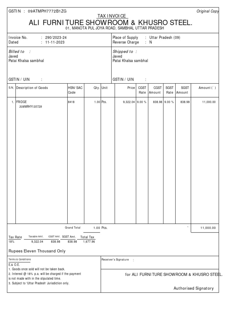 Fridge Purchase Invoice from Ali Furniture | PDF