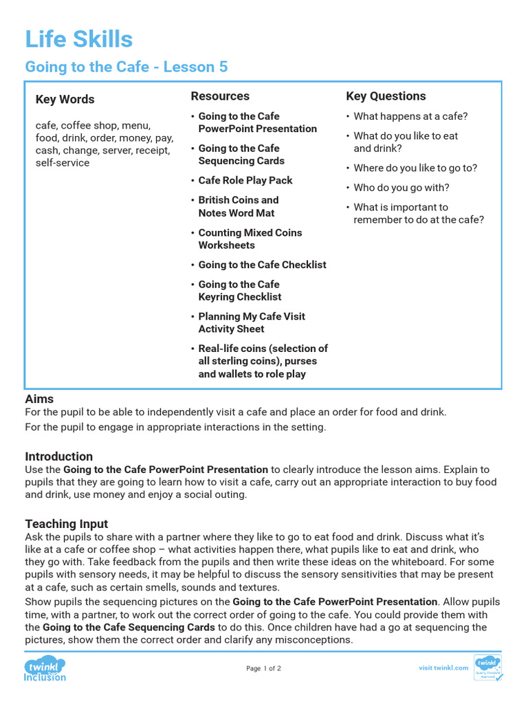 Life Skills Lesson Plan | PDF | Coffeehouse | Learning