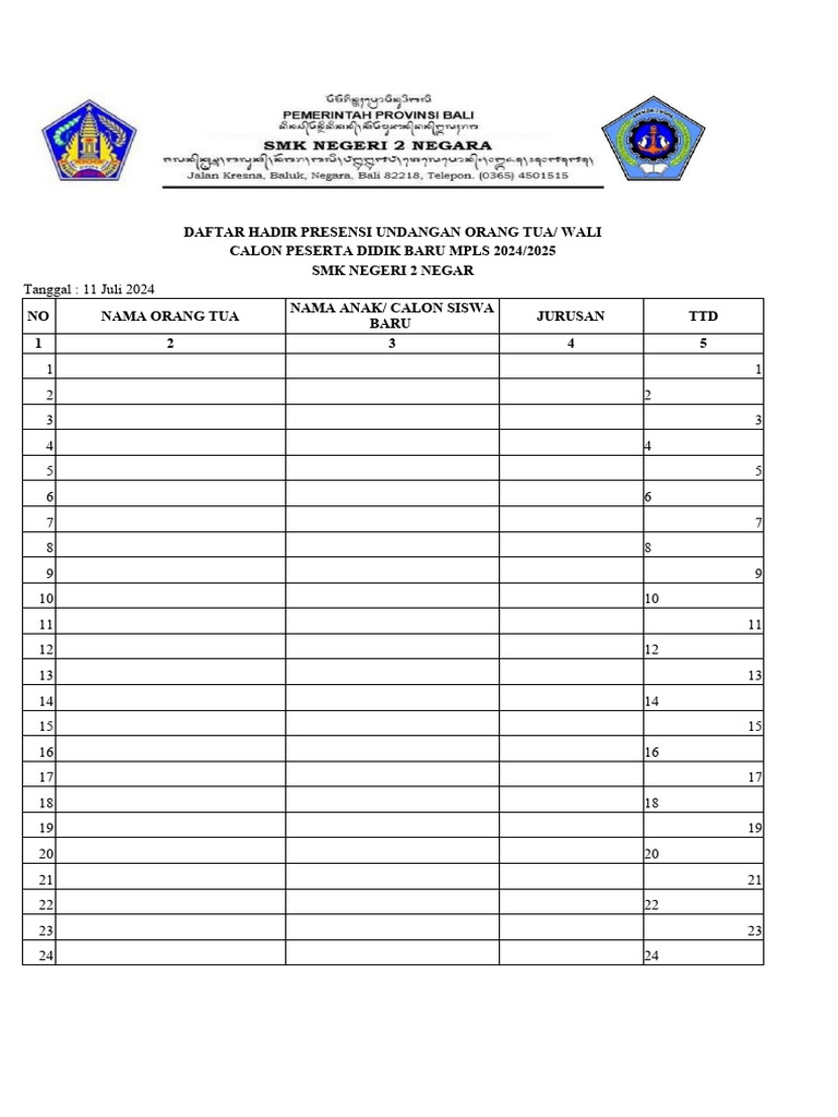 Daftar Hadir Orang Tua Siswa Baru MPLS 2024 | PDF