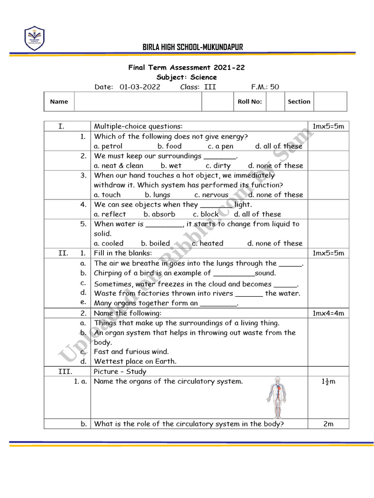 Class 3 Science Question Paper Final Term Birla High School | PDF ...