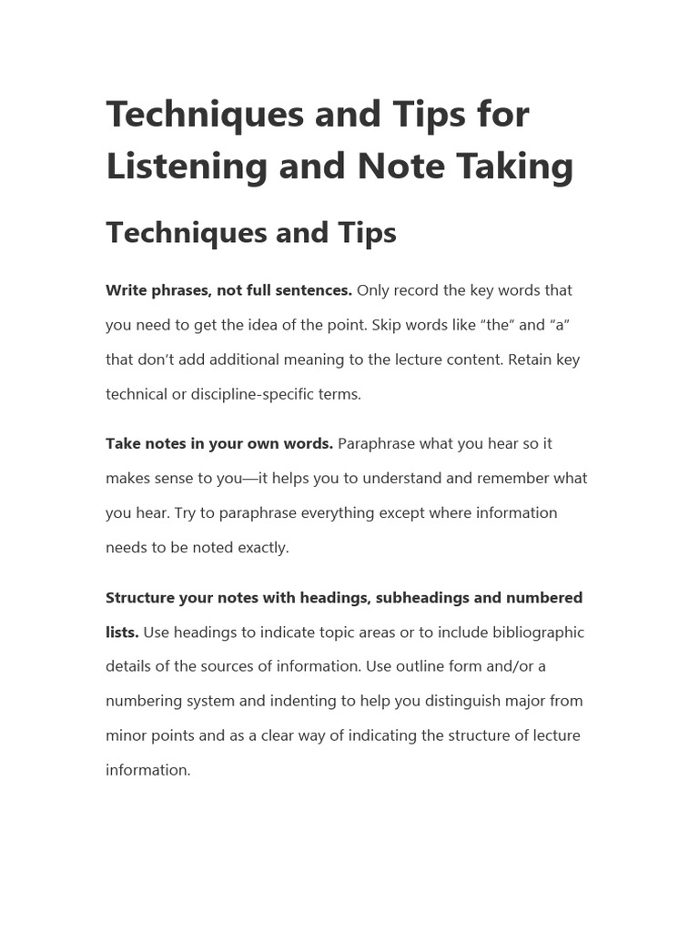 Techniques and Tips For Listening and Note Taking | PDF | Information ...