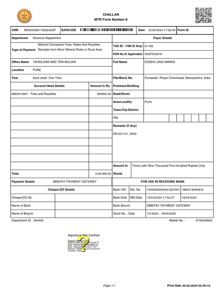 Challan MTR Form Number-6: PAN No. (If Applicable) AADFE9087A | PDF ...
