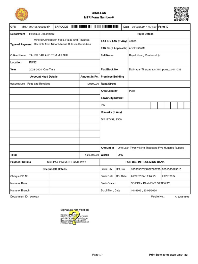 Challan MTR Form Number 6 PAN No If Applicable ABCFR9083M PDF
